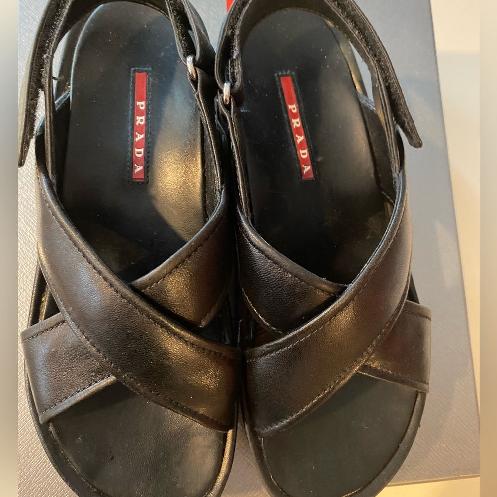 Prada Black Leather All Over Platform Velcro Sandals - Gem